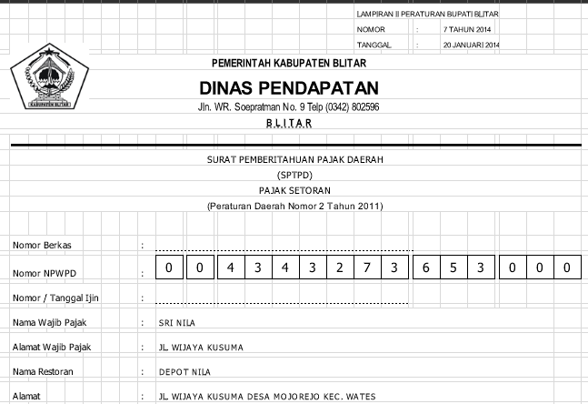 Download Apliksi SPTPD Pajak Mamin BOS Format Excel Cetak Otomatis ...