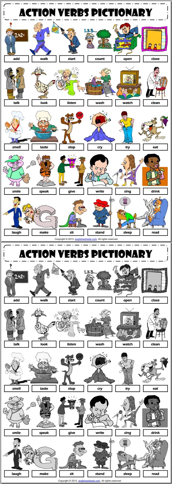 home school: action verbs pictionary 1 handout