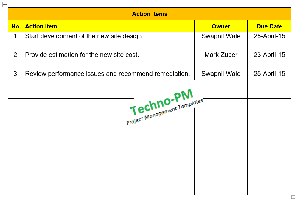 Action Item Tracking Excel Template Download - Free Project Management ...