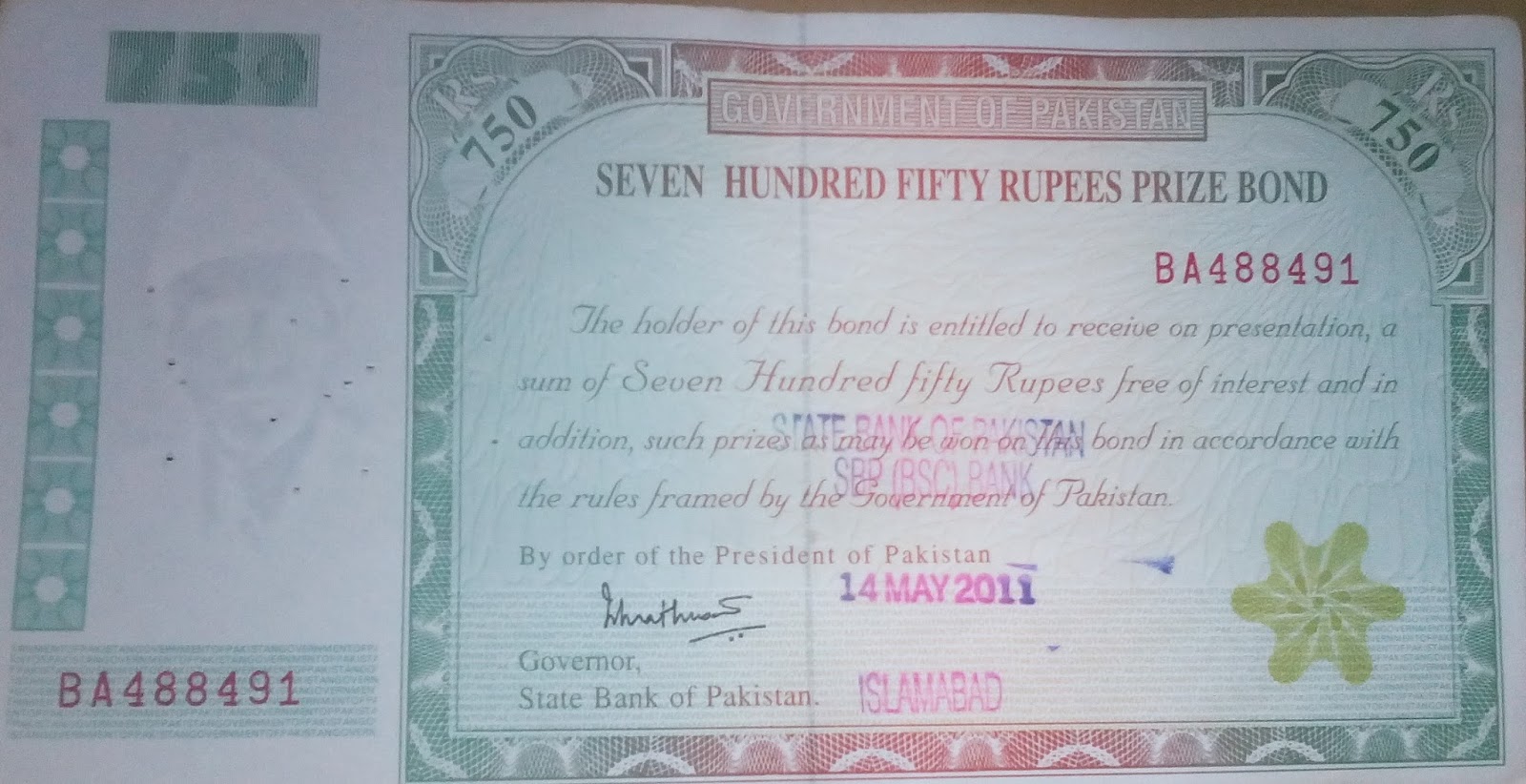 Govt Of Pakistan National Savings Prize Bond R,s 750-Attar Prize Bond