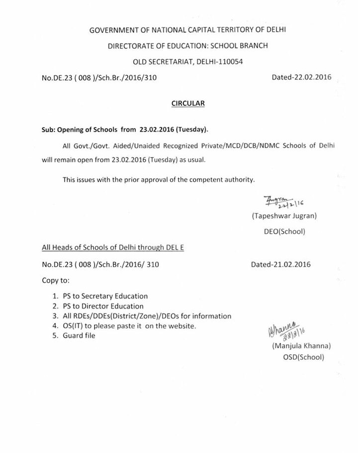 CIRCULAR REGARDING OPENING OF SCHOOL FROM TOMORROW - DELHI SCHOOL ...