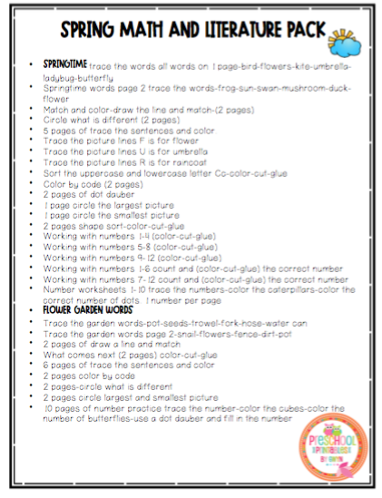 Spring Math and Literature Pack "No Prep" ~ Preschool Printables