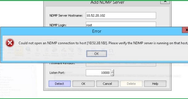 NetApp ONTAP: Could not open an NDMP connection to host. Please verify the NDMP server is ...