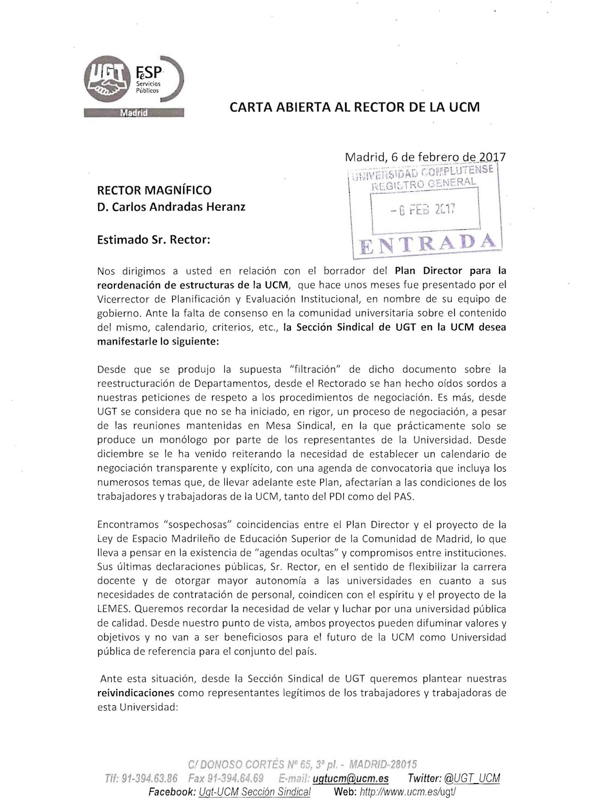 Sección Sindical de UGT en la UCM: CARTA ABIERTA AL RECTOR DE LA UCM