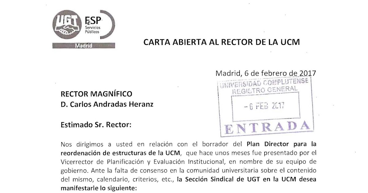 Sección Sindical de UGT en la UCM: CARTA ABIERTA AL RECTOR DE LA UCM