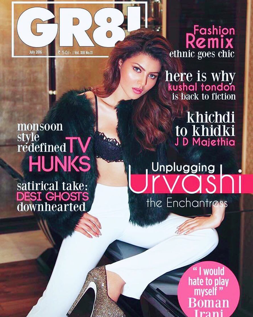 Urvashi Rautela In Black Bra Exposing Deep Cleavage In GR8 Magazine August 2016 Edition