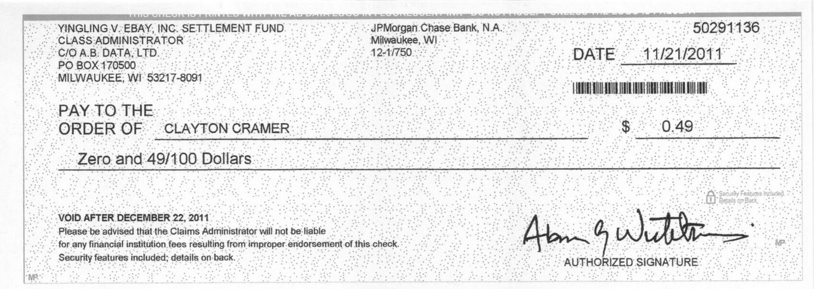 Clayton Cramer.: Tiny Class Action Suit Checks