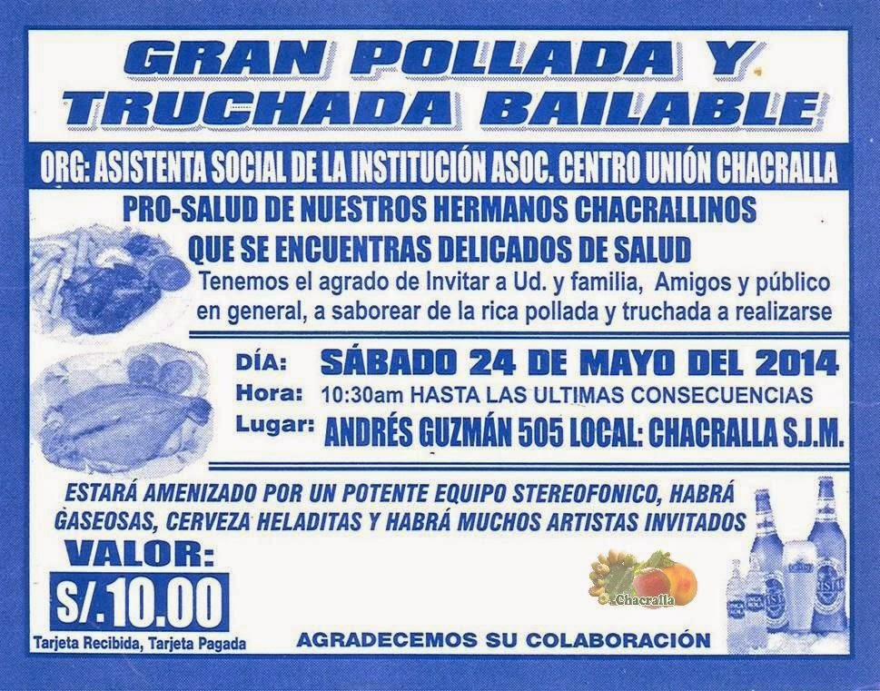 POLLADA Y TRUCHADA BAILABLE PRO-SALUD DE NUESTROS HERMANOS CHACRALLINOS ...