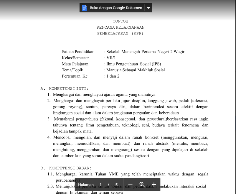 Contoh RPP IPS Kls 1 SMP Semester 1 | Dunia Pendidikan
