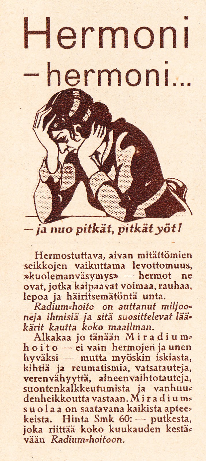 Vanhoja mainoksia: Radium - Hermoni, hermoni...1934