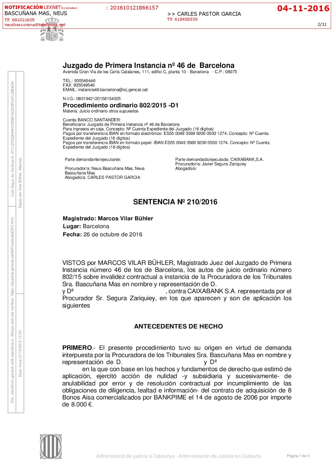 SentÈncies Sentencia 26 Octubre De 2016 Juzgado De Primera Instancia