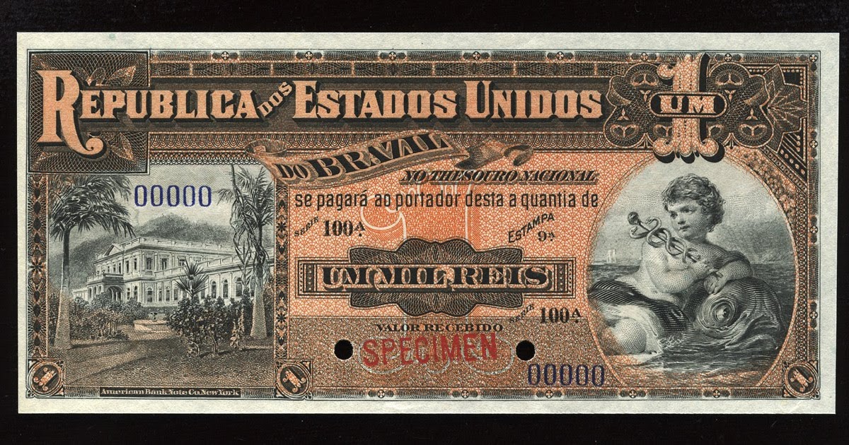 Brazil banknotes 1 Mil Reis banknote 1917 Estampa 9A|World Banknotes ...