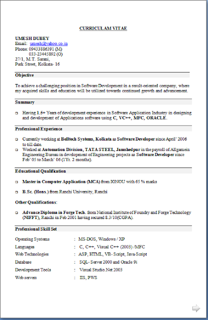 MCA Professional Resume Format