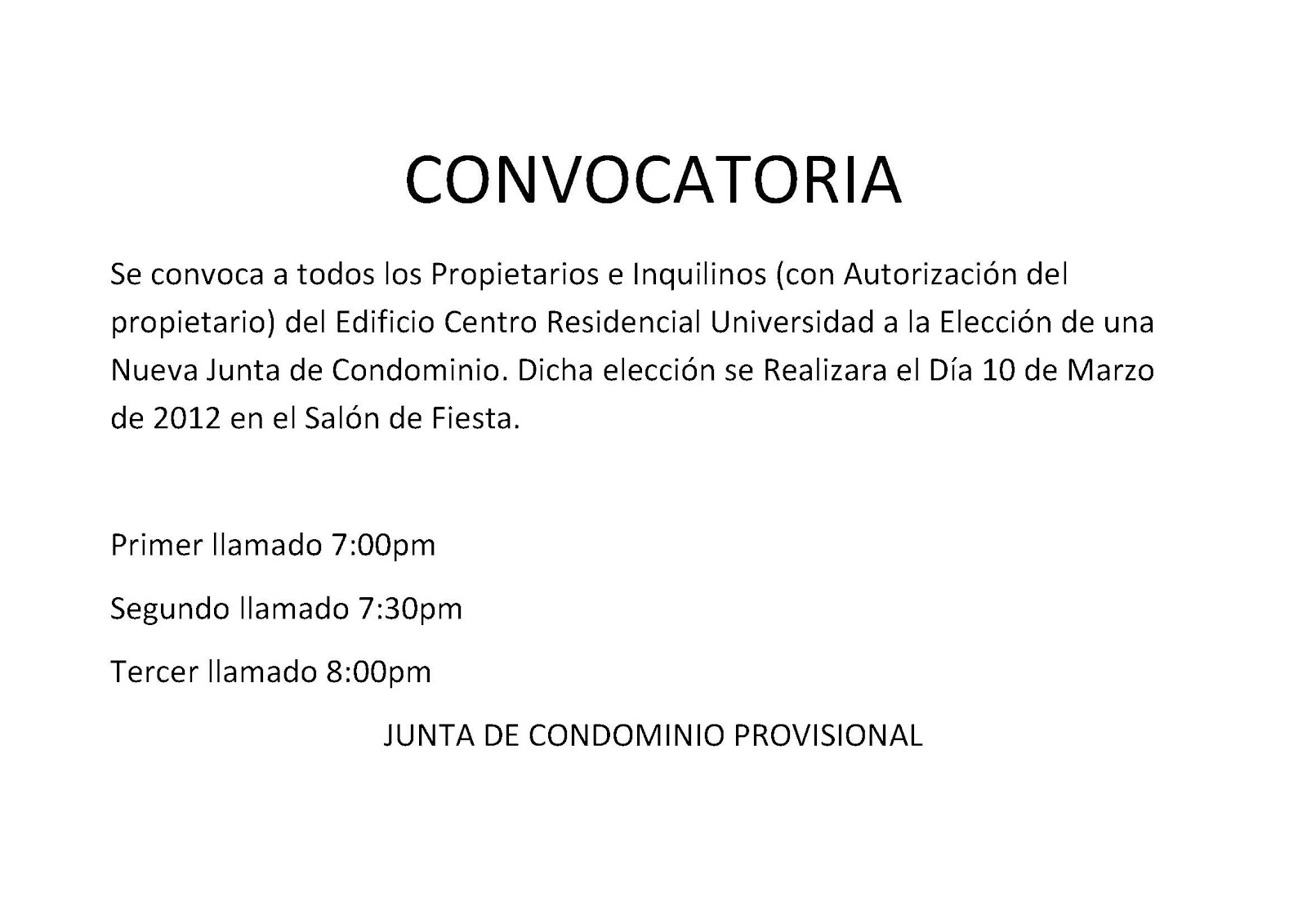 CONDOMINIO EDIFICIO CENTRO RESIDENCIAL UNIVERSIDAD: CONVOCATORIA