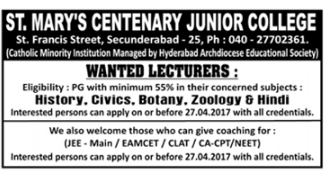 St.Mary's Centenary Degree College, Secunderabad, Wanted Lecturers ...