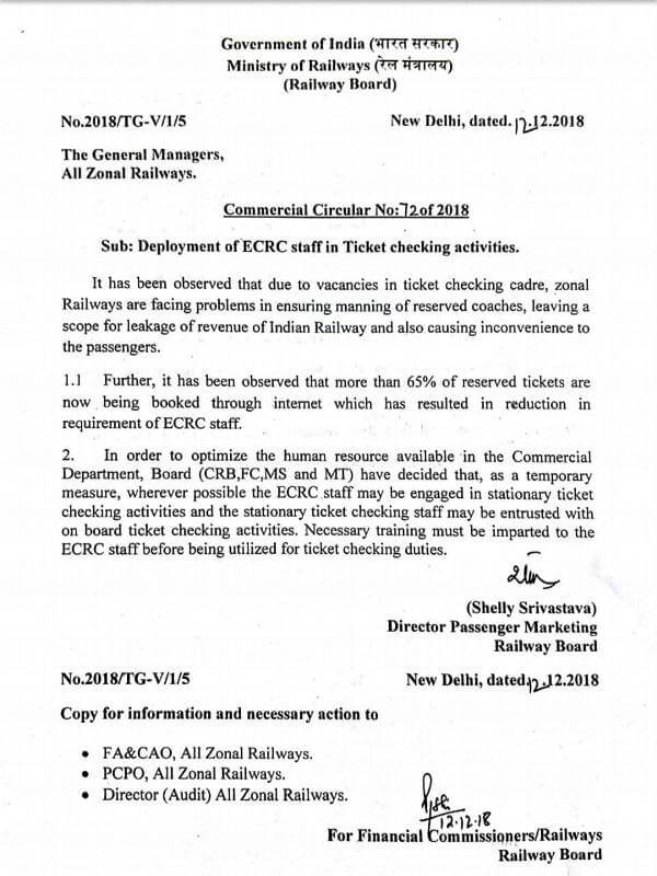 Deployment of ECRC staff in Stationary Ticket checking activities ...