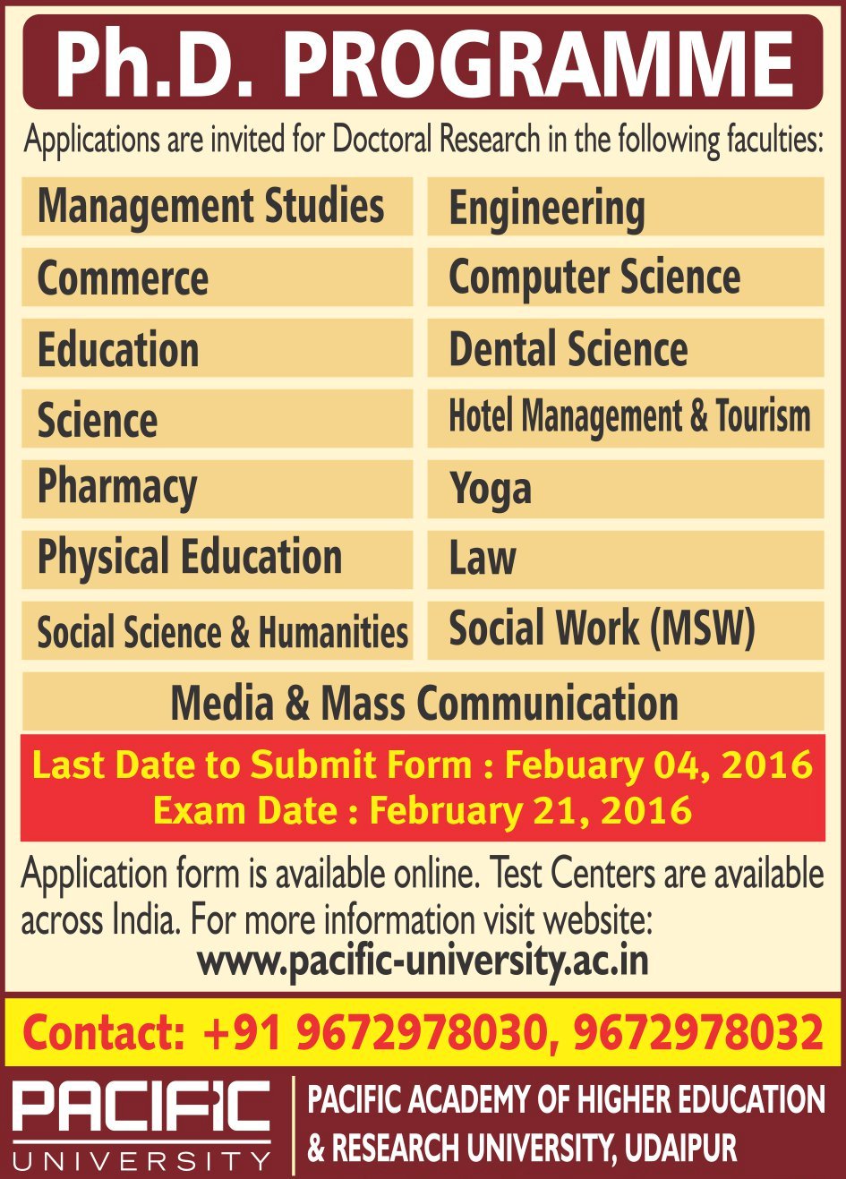 Ph D Admission Notice Pacific University Ph D Admission Notification