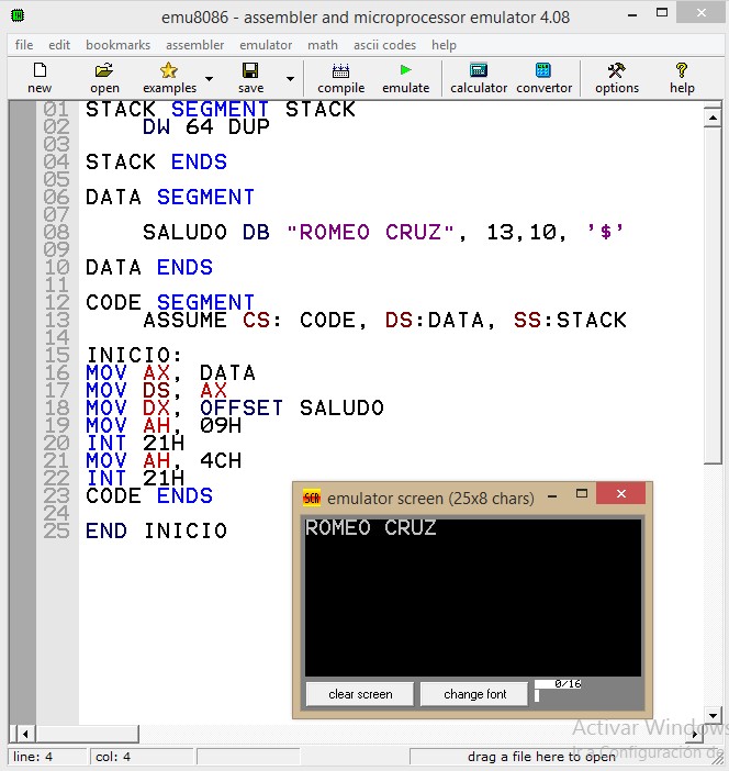 Romeo Cruz Isc Ejercicio Emu 8086 Turbo Assembler