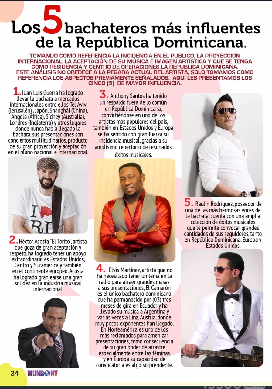 DESTACAN LOS CINCO BACHATEROS MÁS INFLUYENTES DE REPÚBLICA DOMINICANA