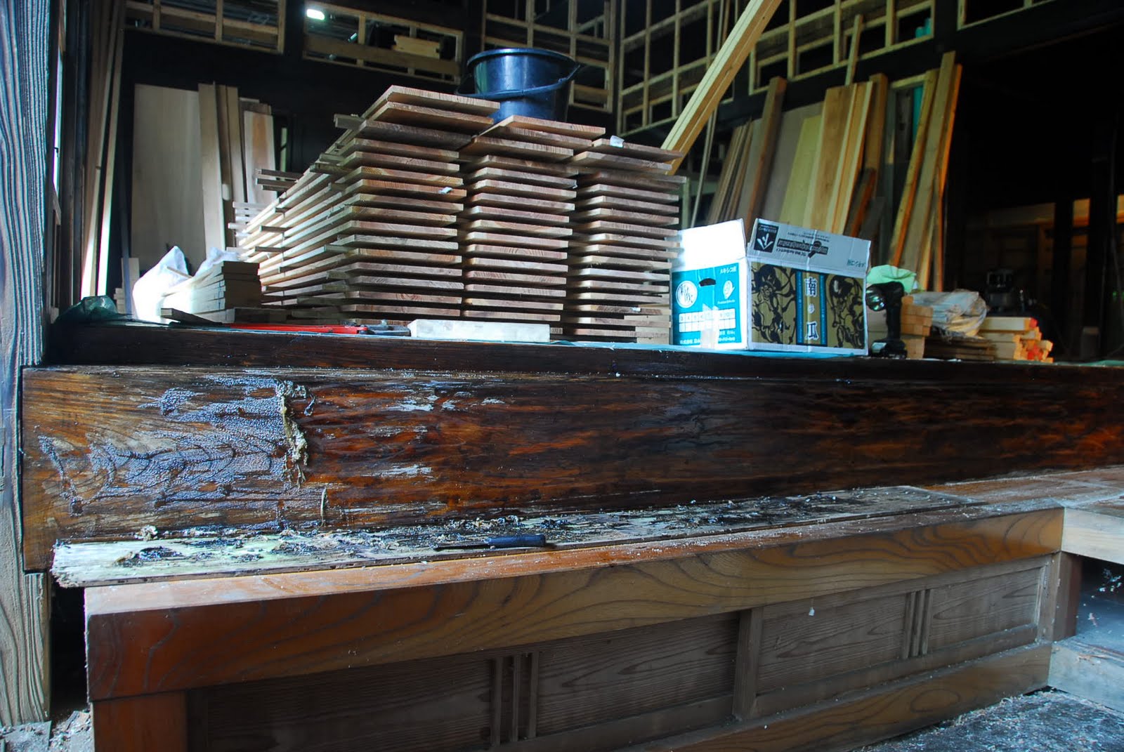Our Japanese Eco-Kominka: Stripping old varnish in the Genkan.