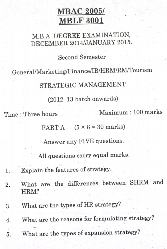 MBA Strategy Management Pondicherry University Jan 2015 Question Paper ...