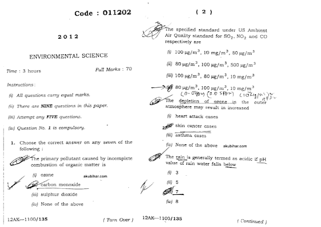 011202 Environmental Science B.Tech AKU 2012 Question Paper ...