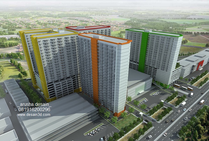 Desain 3d gambar denah apartemen tampak atas birds view - ARUSHA APARTMENT