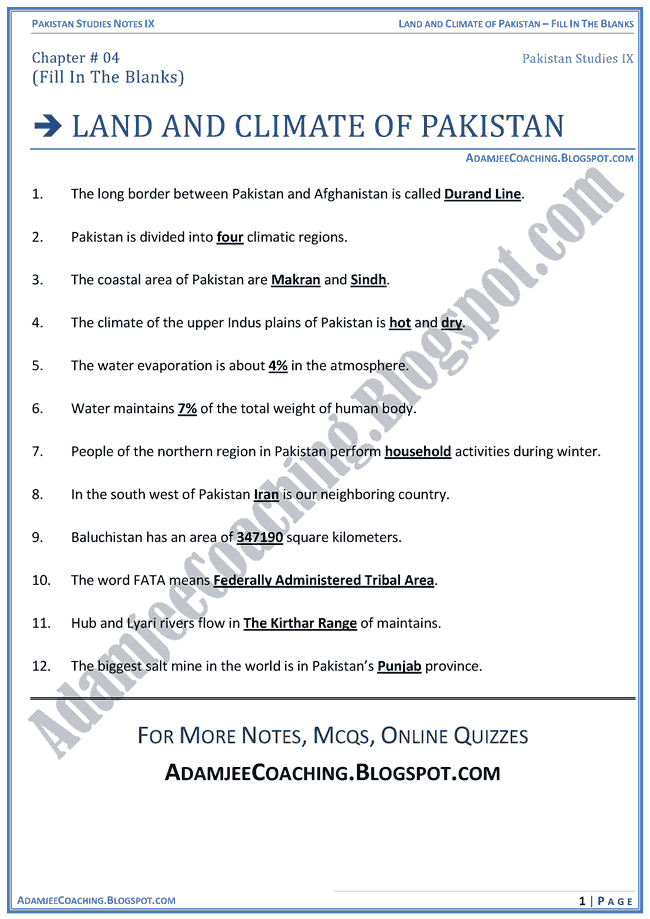 Adamjee Coaching: Land and Climate of Pakistan - Fill in the Blanks ...