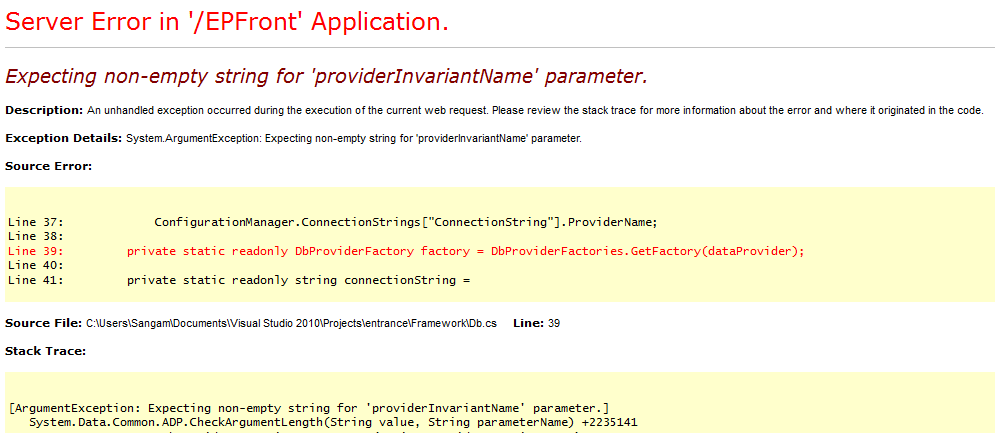 Expecting non-empty string for 'providerInvariantName' parameter ... Expecting non-empty string for 'providerInvariantName' parameter ...
