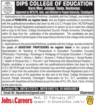 DIPS College of Educations, Jalalpur, Wanted Assistant Professor Plus ...