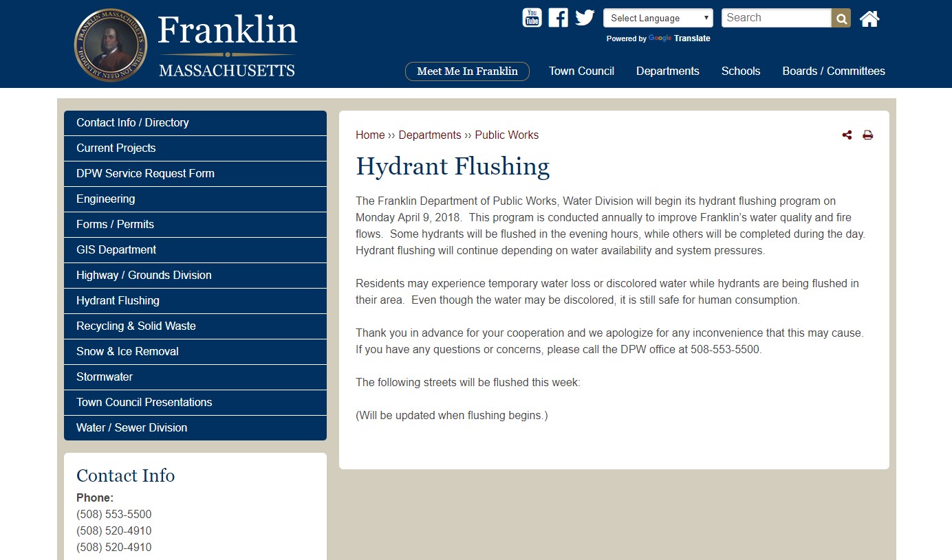 Franklin Matters: Franklin Residents: Hydrant Flushing Begins 4/9/18