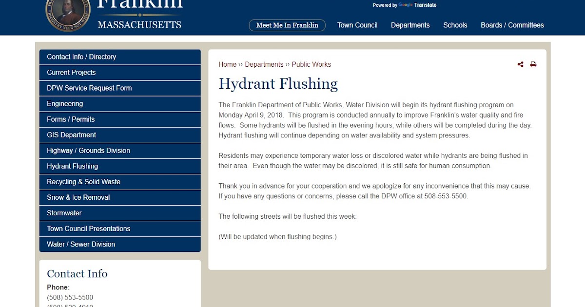 Franklin Matters: Franklin Residents: Hydrant Flushing Begins 4/9/18