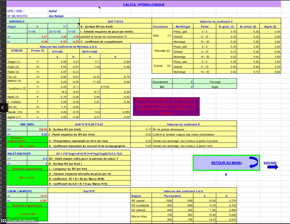 Dimensionnement et calcul hydrologique en feuille excel