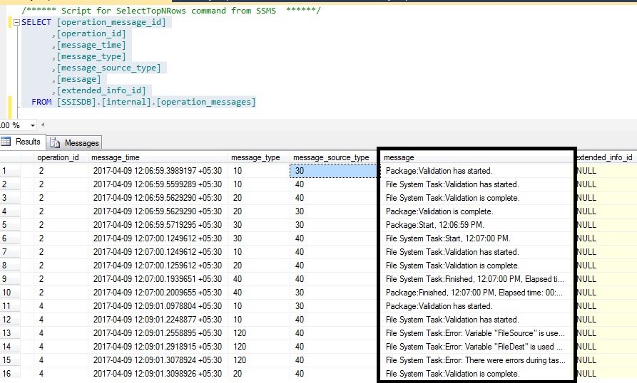 Microsoft Business Intelligence: Operation messages table in SSISDB