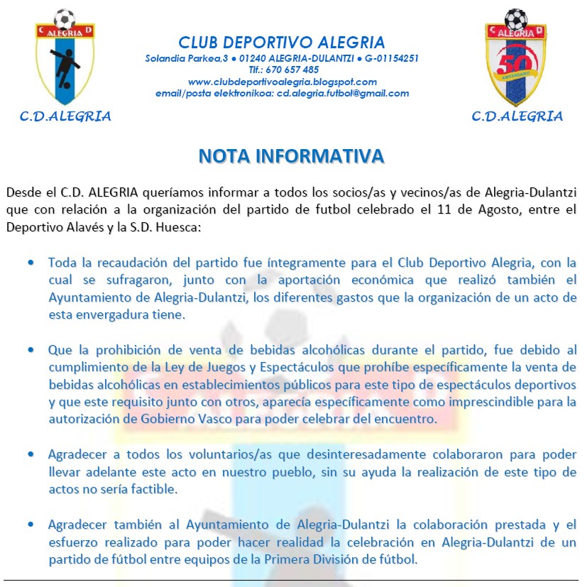 Club Deportivo Alegría: NOTA INFORMATIVA