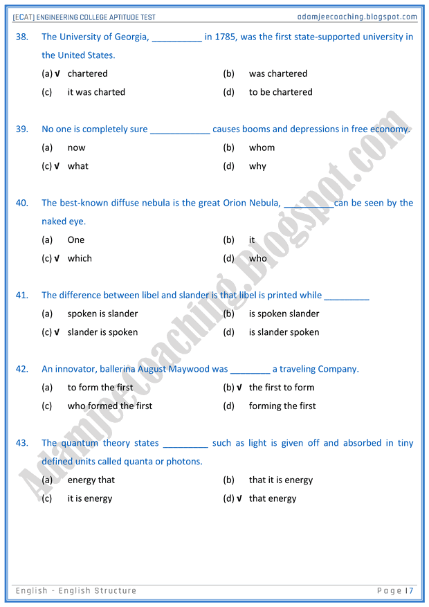Adamjee Coaching: ECAT English [English Structure] MCQs for Engineering ...