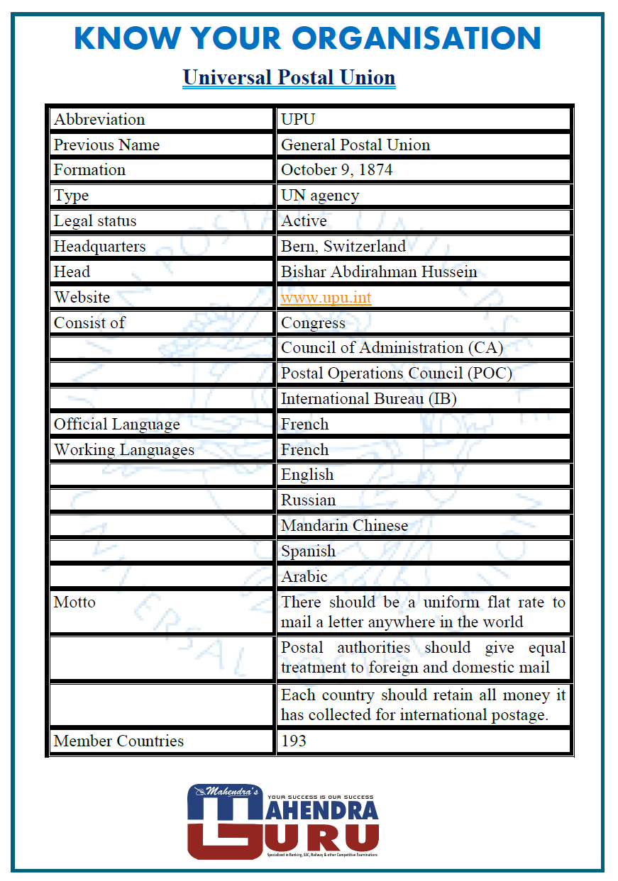 Know Your Organisation : Universal Postal Union