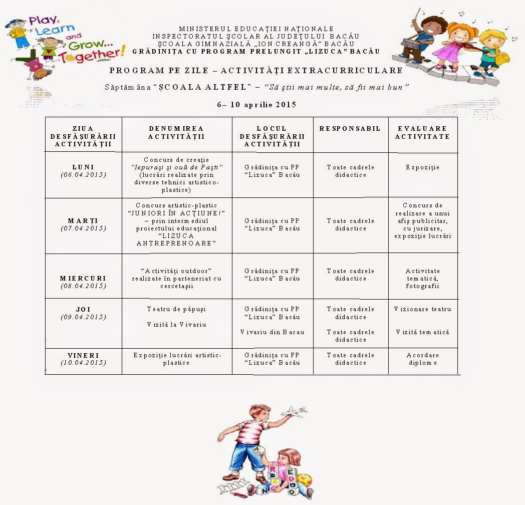 Blog oficial Grădiniţa cu Program Prelungit „LIZUCA" Bacău : Programul ...