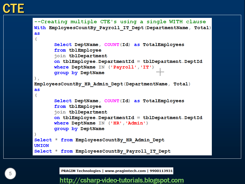 Sql server, .net and c# video tutorial: Part 49 – CTE