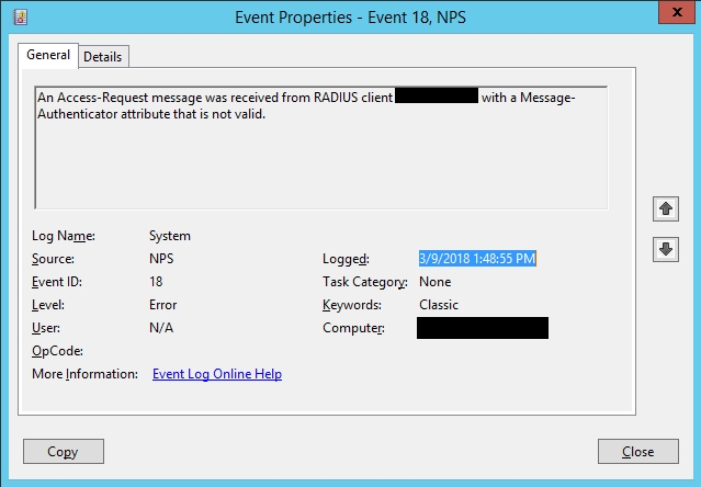 [NPS(RADIUS)] Event id 18 'Message-Authenticator attribute that is not ...