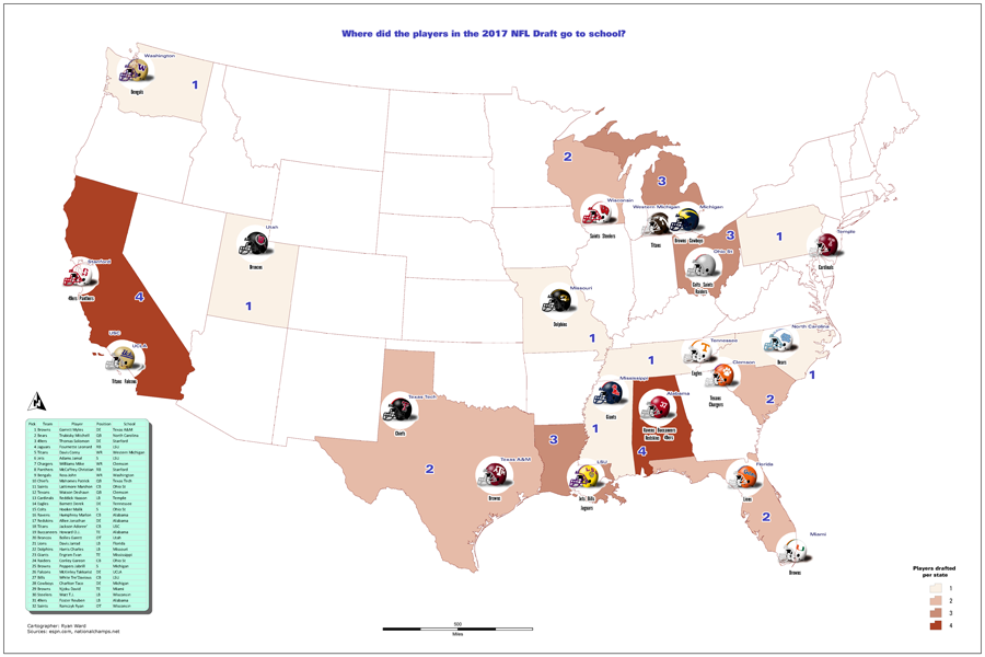 Ryan Ward : Designing Maps: Where did the 2017 NFL first round draft ...