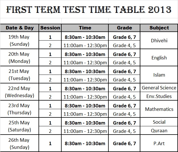 Dhuvaafaru Primary School: FIRST TERM TEST TAIMETABLE 2013