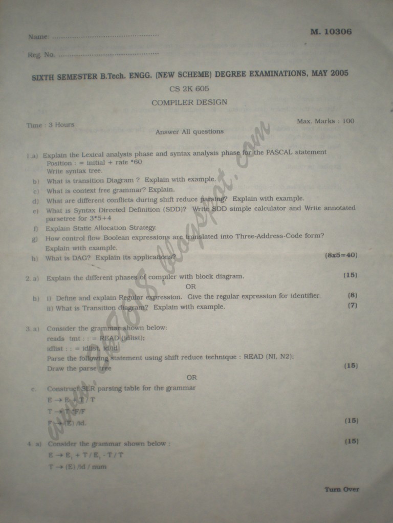 Compiler Design - Previous Question Paper - Sixth Semester B.Tech ...