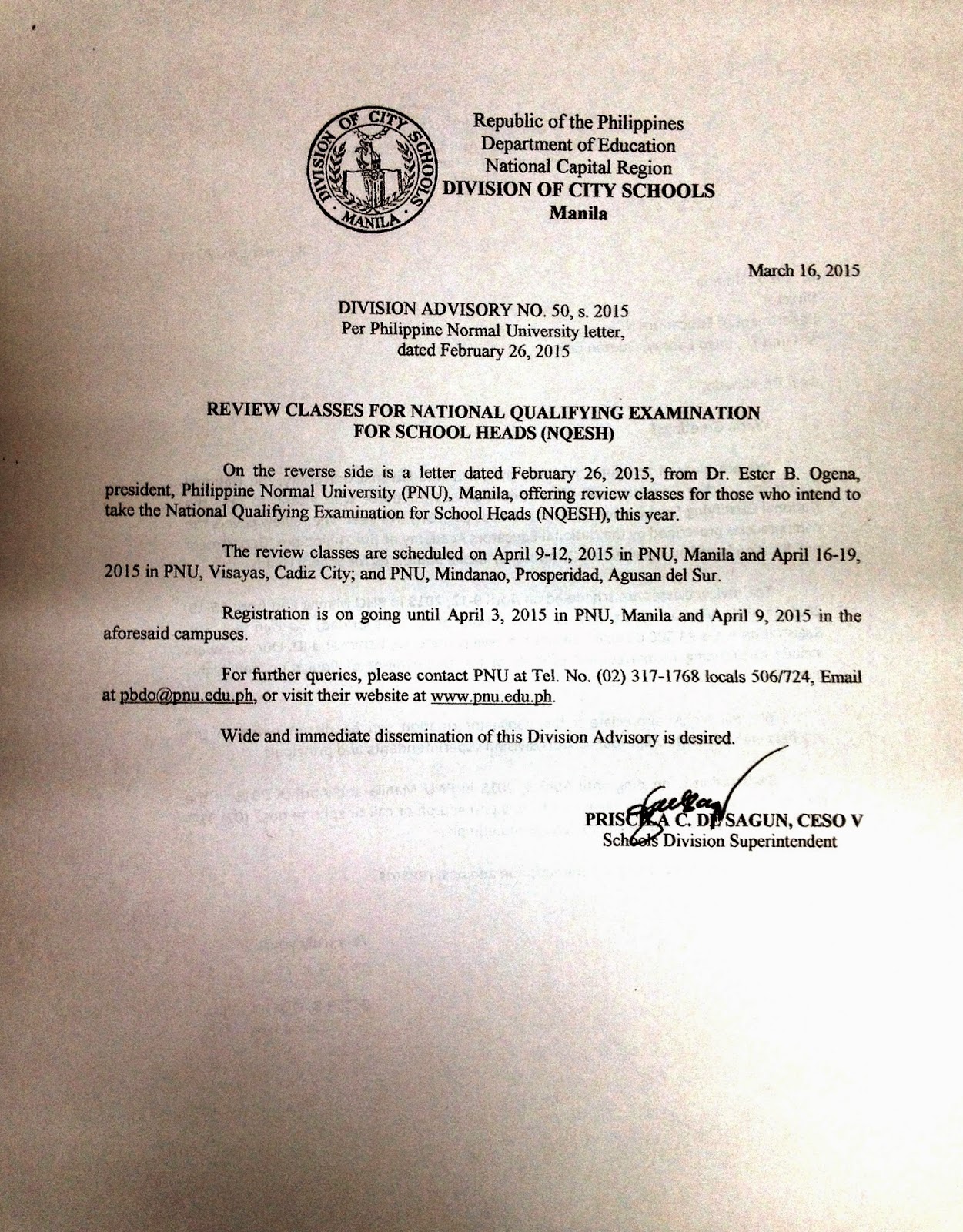 Department of Education Manila: Division Advisory No. 50 - REVIEW ...