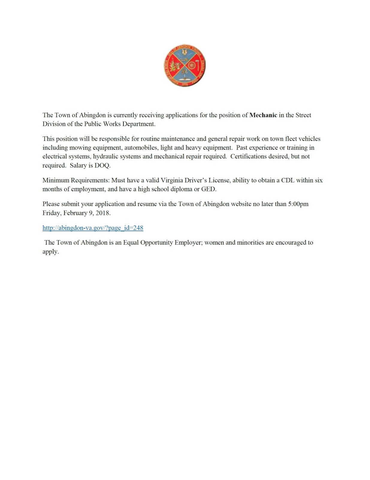 Town Of Abingdon Virginia Mechanic Job Posting town-of-abingdon-virginia-mechanic-job-posting