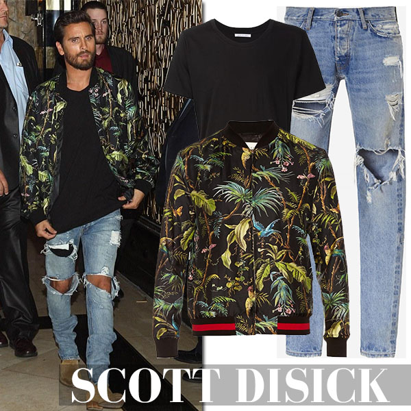 Scott Disick in tropical print silk bomber and ripped jeans in Las Vegas