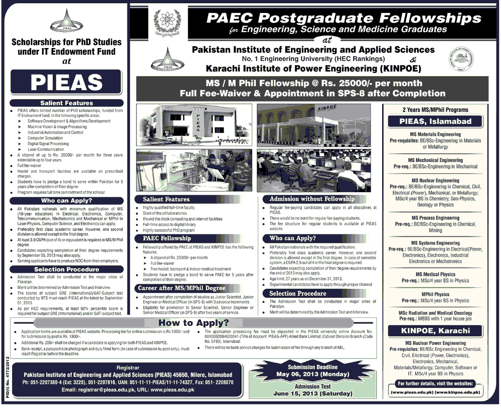 PIEAS MS/ Mphil Admissions 2013 PAEC Postgraduate Fellowships Schoalrship