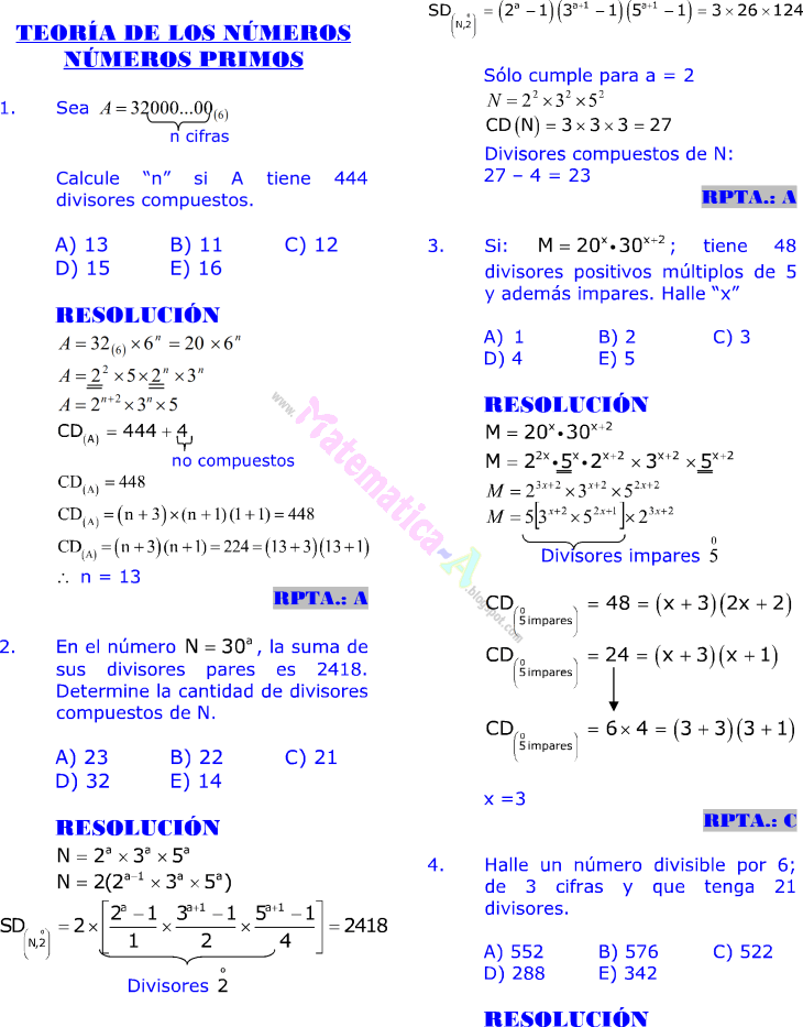 TEORÍA DE LOS NÚMEROS PRIMOS EJERCICIOS RESUELTOS ~ MATEMATICAS ...
