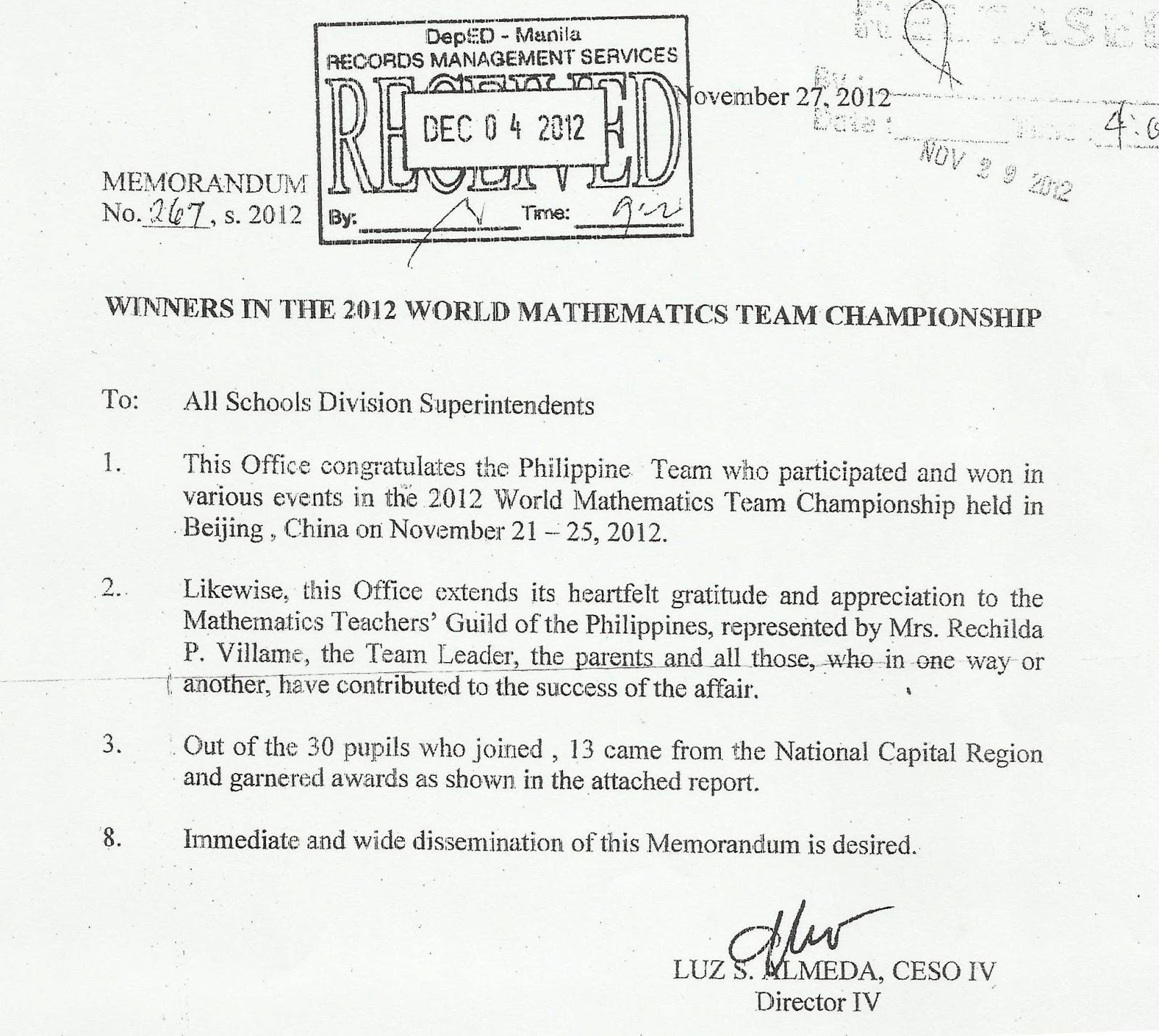 Department of Education Manila: Winners in the 2012 World Mathematics ...