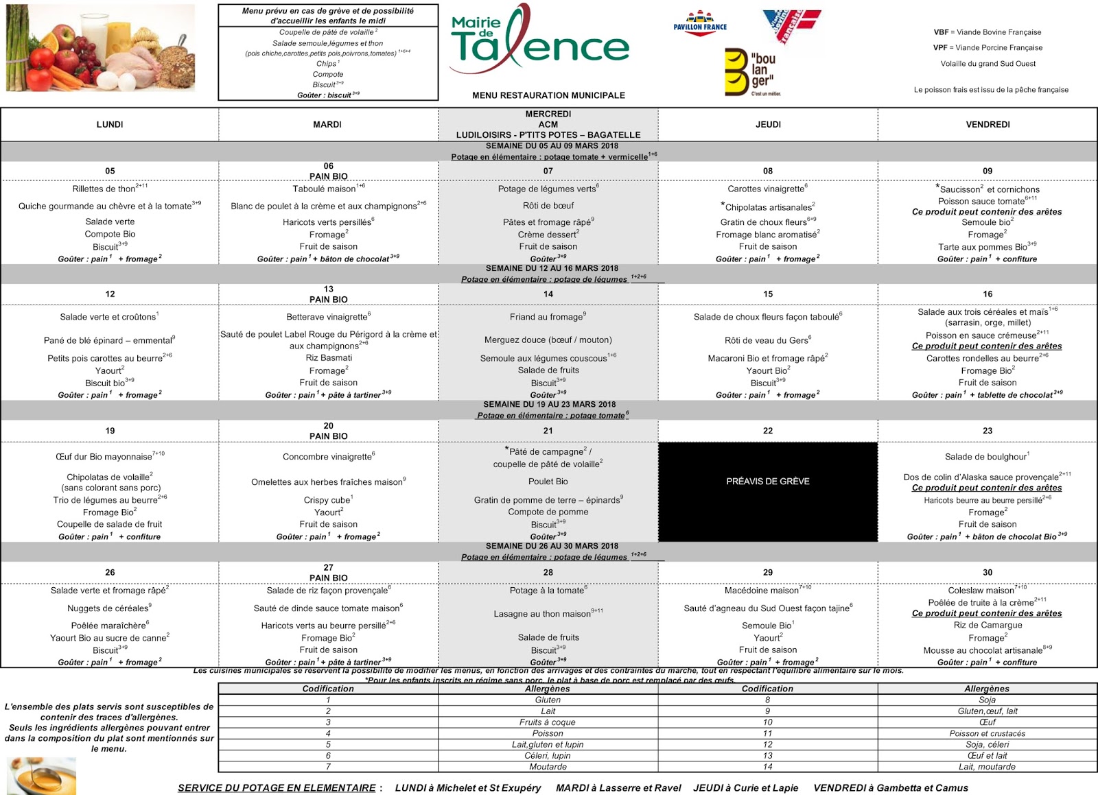 ELEMENTAIRE JOLIOT-CURIE : MENU DE MARS